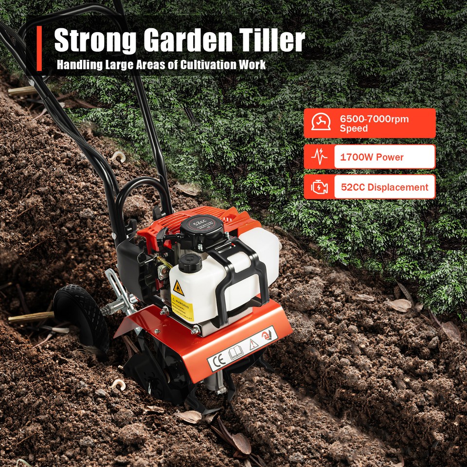 52CC 2Stroke Mini Tiller Cultivator Gas Powered Rototiller Garden Farm ...