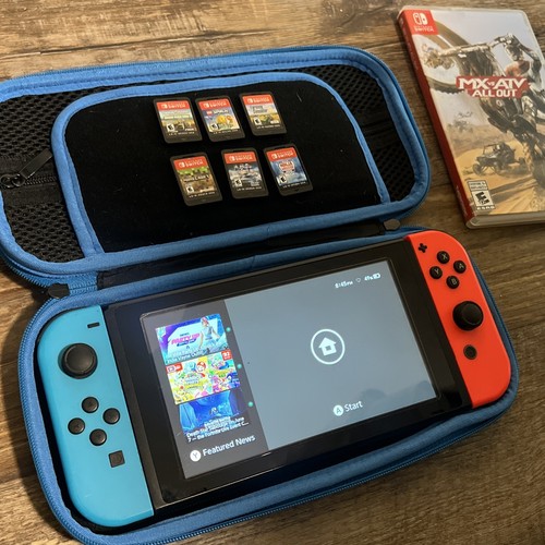 Nintendo Switch 128GB Blue/Red Joy-Con Console Back Shell and 9 games ...