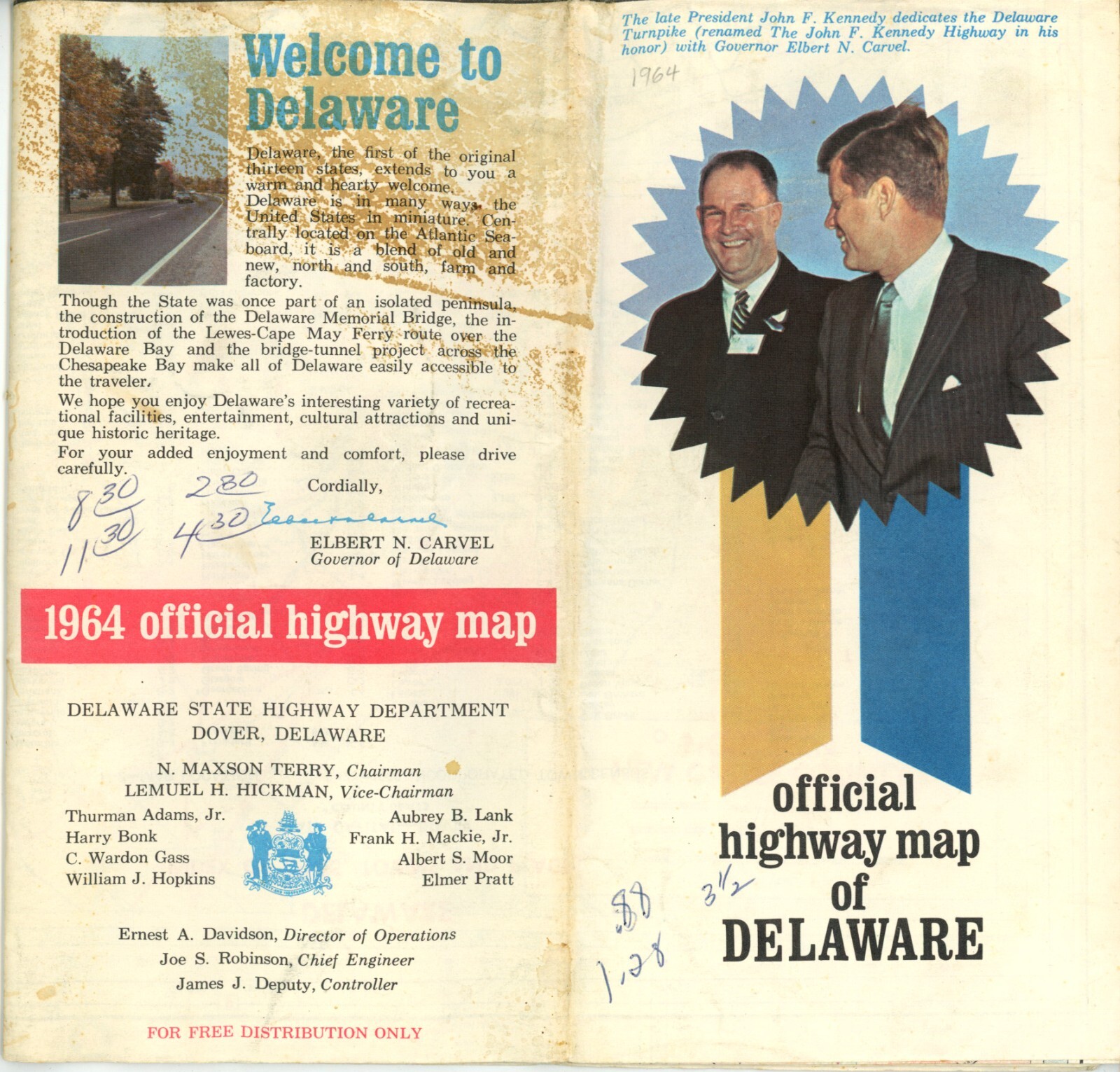 Vintage 1964 Delaware Official Road Map – State Highway Dept. (Writing ...