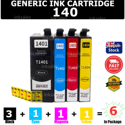6x Generic 140 T140 T1401 Ink Cartridge For Epson WF3530 WF3520 WF7520 ...