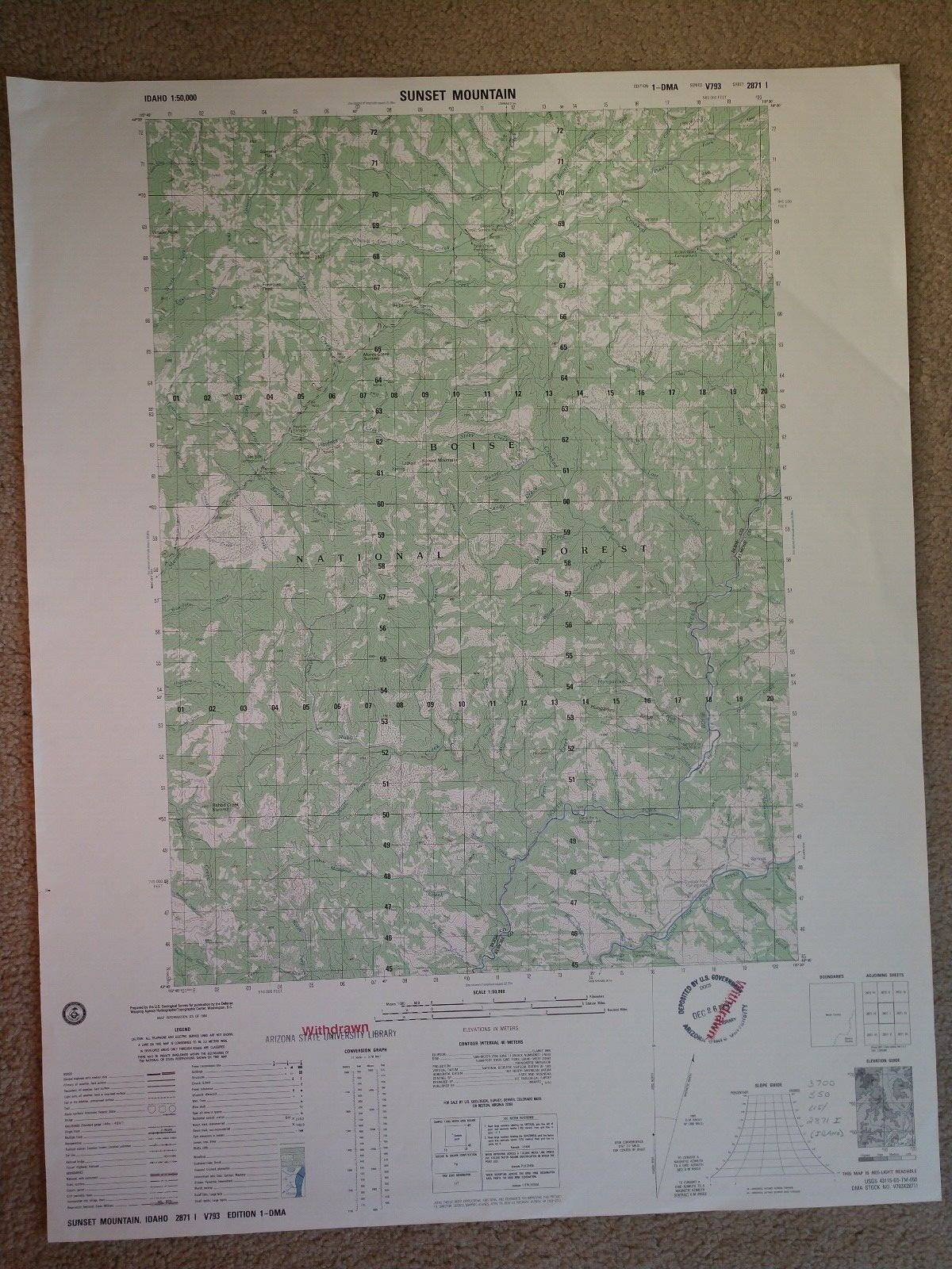 Large 28x22 1984 Topo Map Sunset Mountain, Idaho Boise National Forest ...