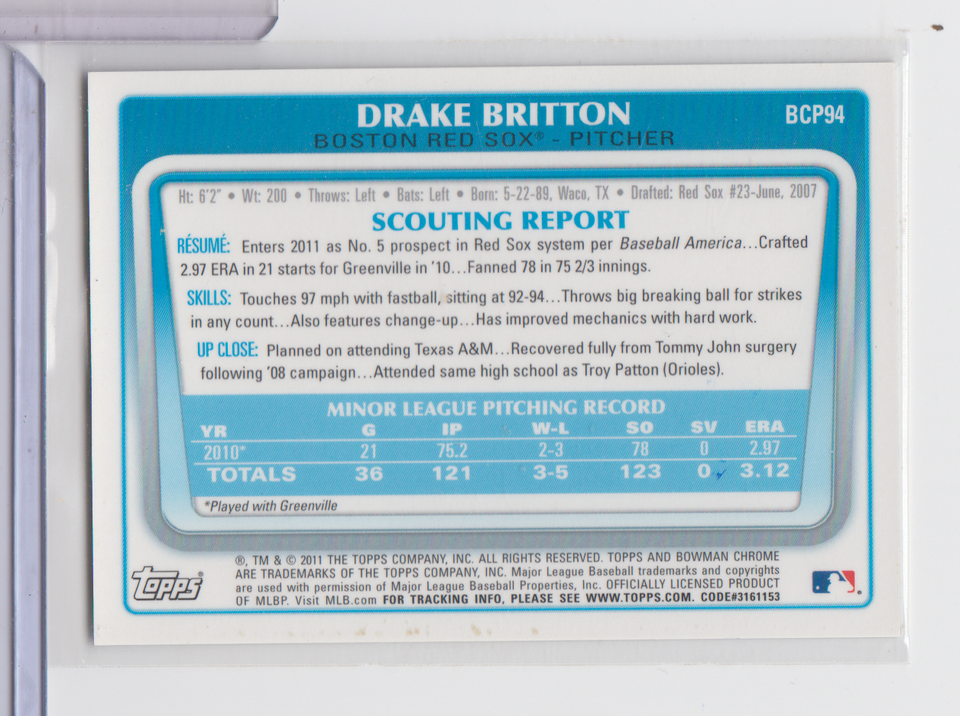 Drake Britton Red Sox 2011 Topps Bowman Chrome Auto #BCP94 030123AZCD55 ...