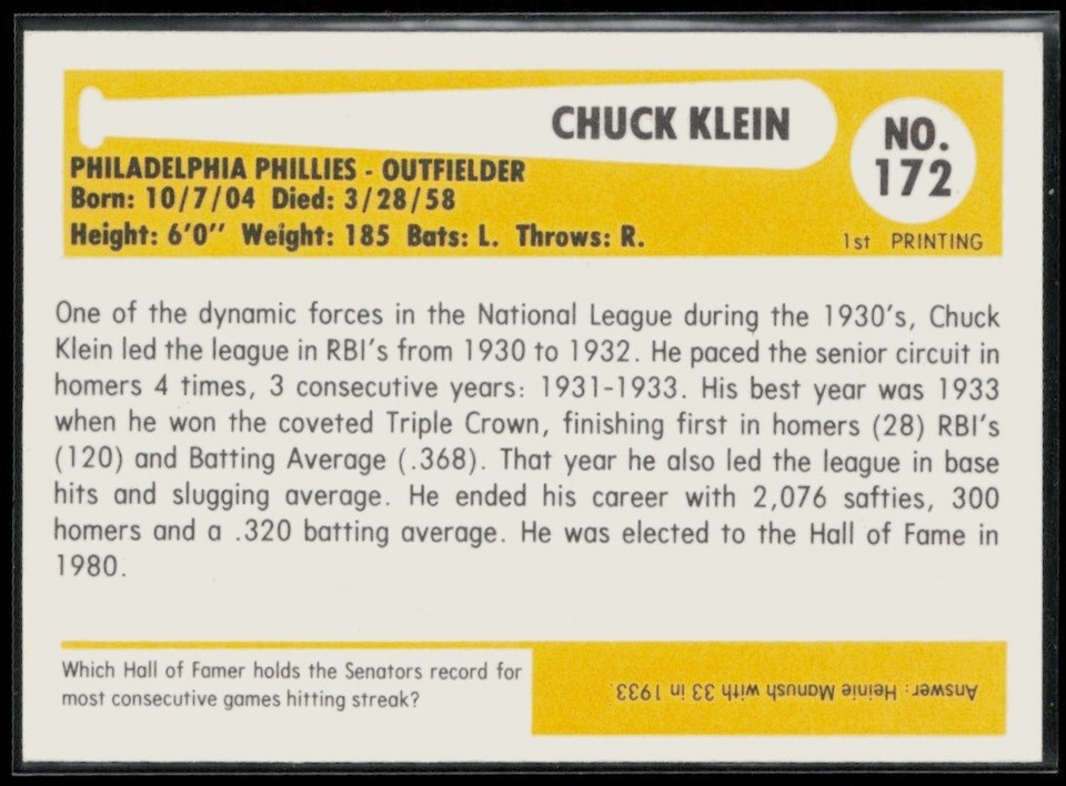1980 SSPC HOF 1st Print Chuck Klein Philadelphia Phillies #172 | eBay