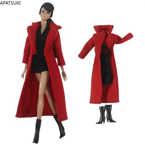 Winter Long Red Coat Set For Barbie Doll Fashion Parka Black Dress ...