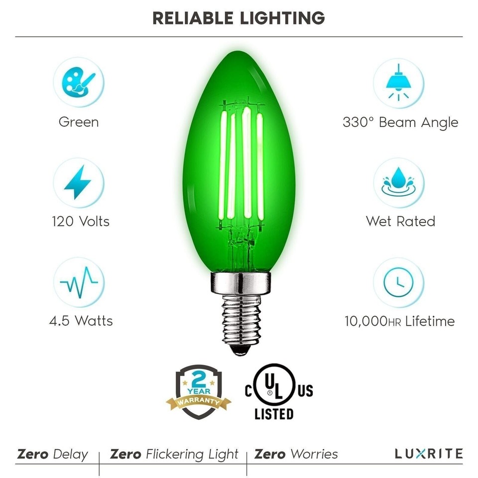 Luxrite E12 LED Filament Green Light Bulb, 4.5W=40W, UL, E12 Base 3 Pack 698746651916| eBay