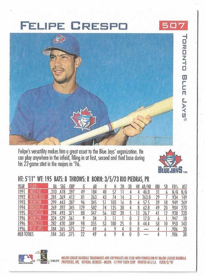 1997 Fleer Baseball Felipe Crespo Rookie Card #507 Toronto Blue Jays | eBay