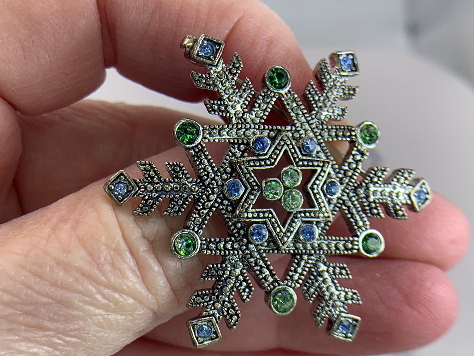 Snowflake Green Blue Rhinestone Vintage Silver Brooch… - Gem