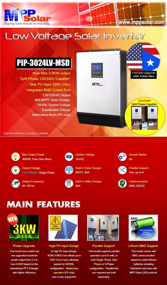 3024LV-MSD 3000W 24V Inverter 110/120V MPP Solar 80A MPPT 80A AC ...