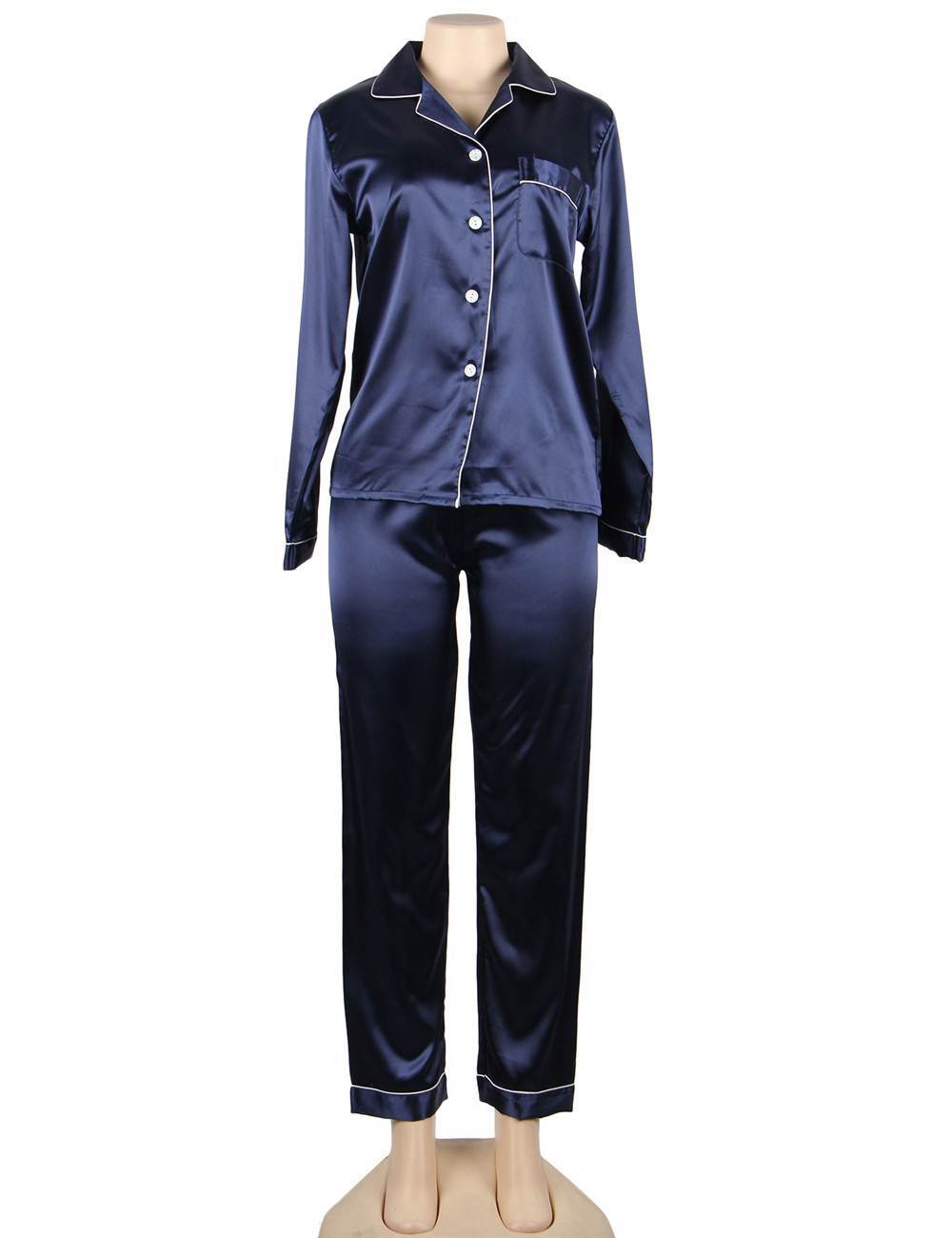 BAOL WOMENS NAVY BLUE SATIN PYJAMAS SET LONG SLEEVE NIGHTWEAR SIZE 10 ...