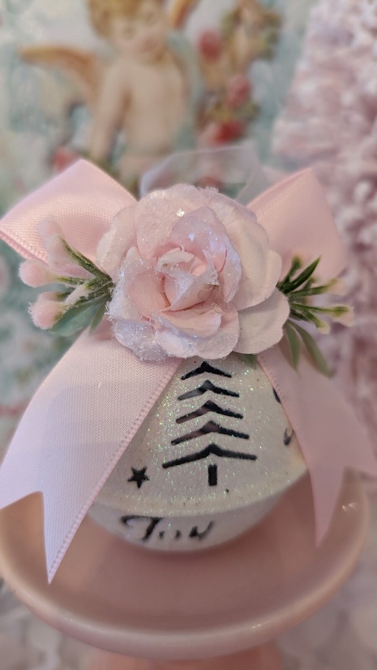 Shabby Victorian Chic White Glitter Joy Sleigh Bell Pink Bow Roses ...
