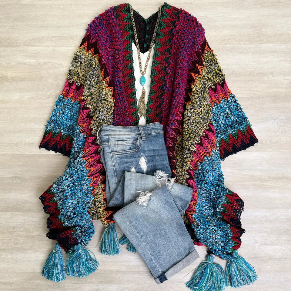 Boho Gypsy Crochet Knit Tassel Ruana Wrap Shawl Cardigan Poncho Sweater ...