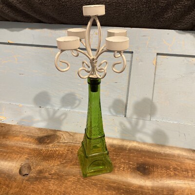 Vintage EIFFEL TOWER Green Glass 11” With Tea Light Candle Stopper ...