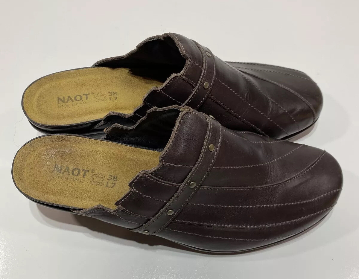 NAOT Stitch Pattern Brown Leather Slip On Mules Clogs… - Gem