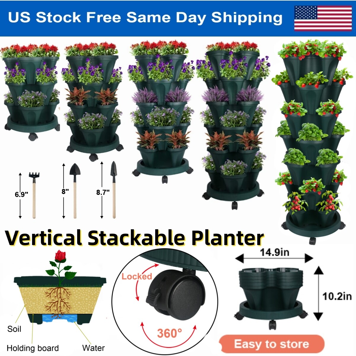 3-7 Tier Vertical Planters Stackable Planter Green Garden Tower Pot w ...