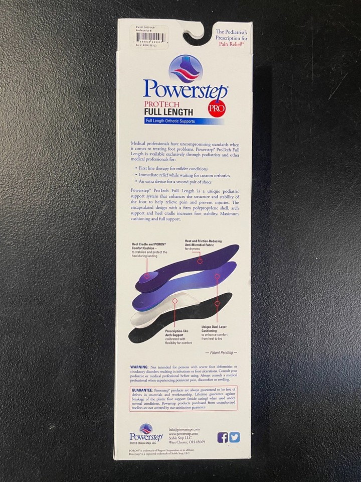 Powerstep Protech Full Length Insoles, Size B, Men 5/5.5, Women 7/7.5 ...
