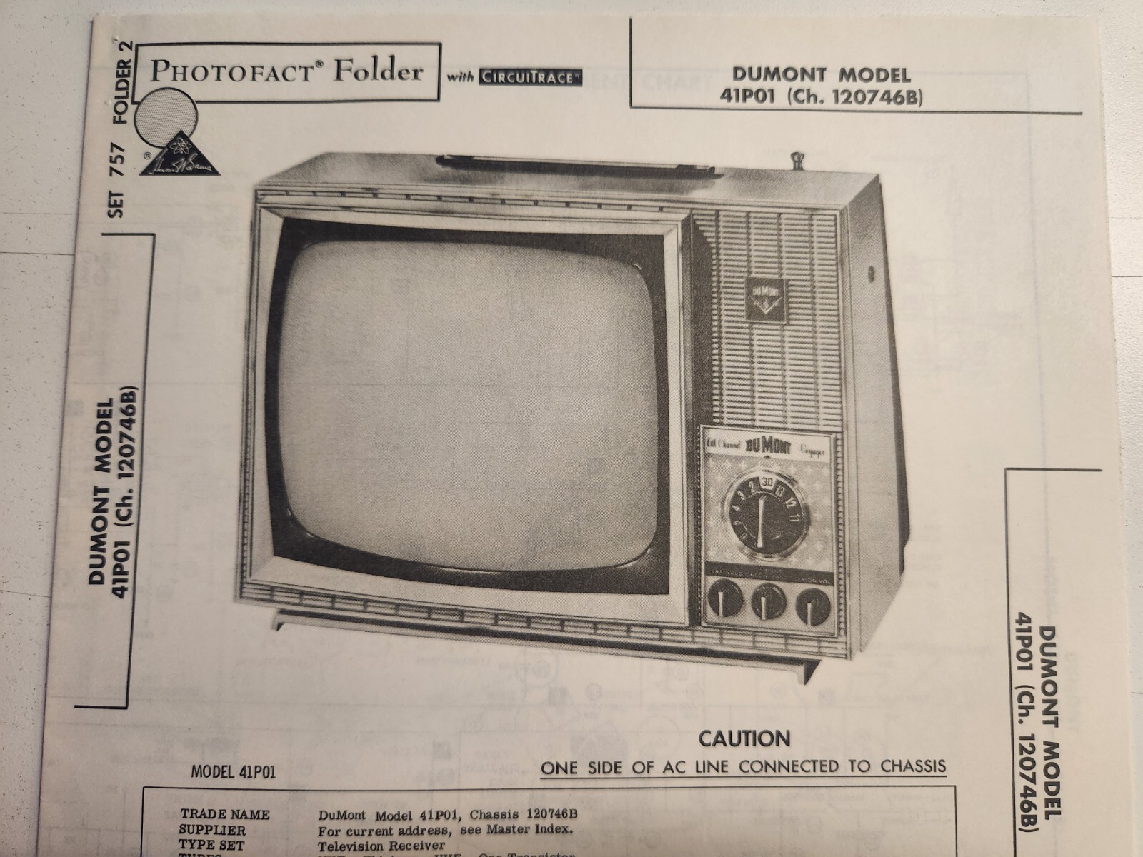 VINTAGE 1965 SAMS PHOTOFACT MANUAL DUMONT TV MODEL 41P01 SET 757 FOLDER ...