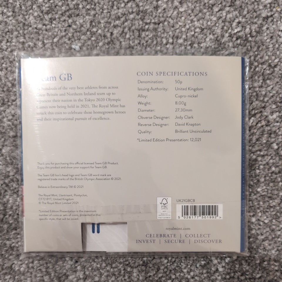 Team GB 2021 Tokyo Olympics COLOUR 50p BU official Royal Mint coin pack ...