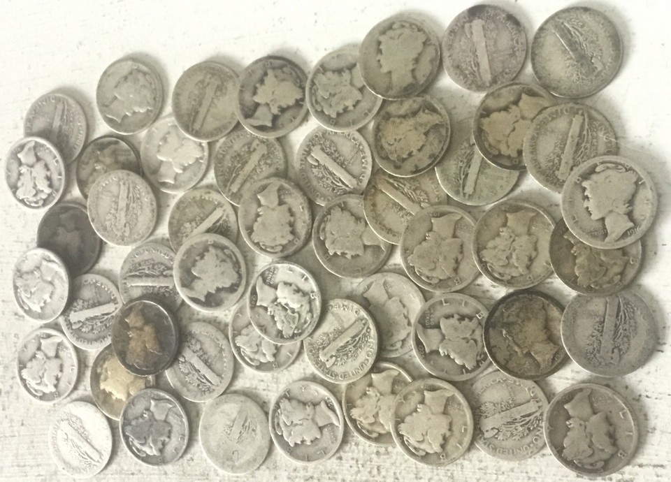 50 Coin Mercury Dime Lot 90% Silver Cull Slick $5 Face Winged Liberty ...