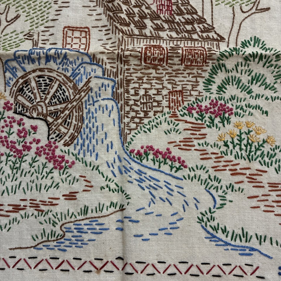 Vintage Needlework Embroidery Folk Art The Old Mill Cottage Scene 10 ...