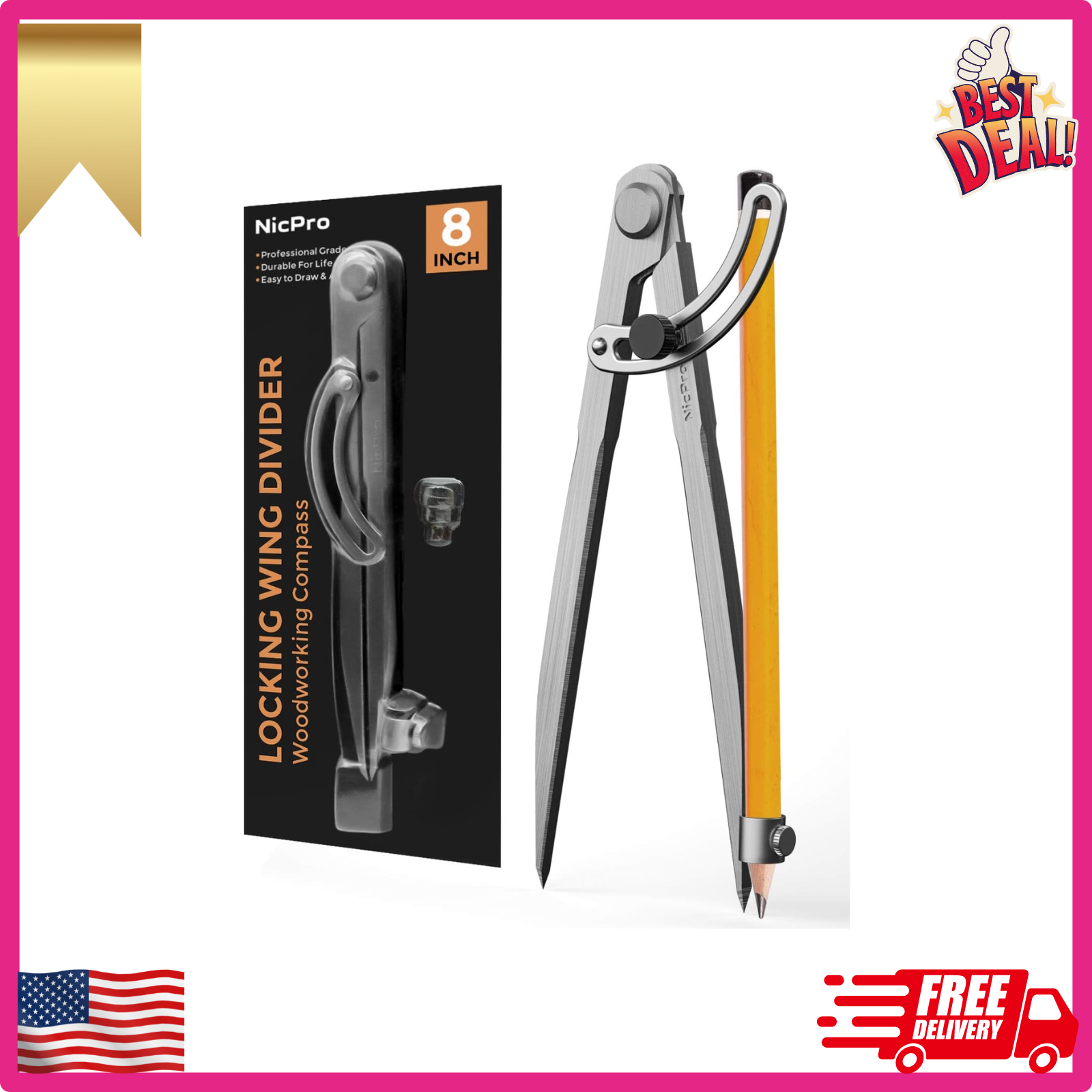 8 Inch Compass for Woodworking with Wing and Pencil Holder ...