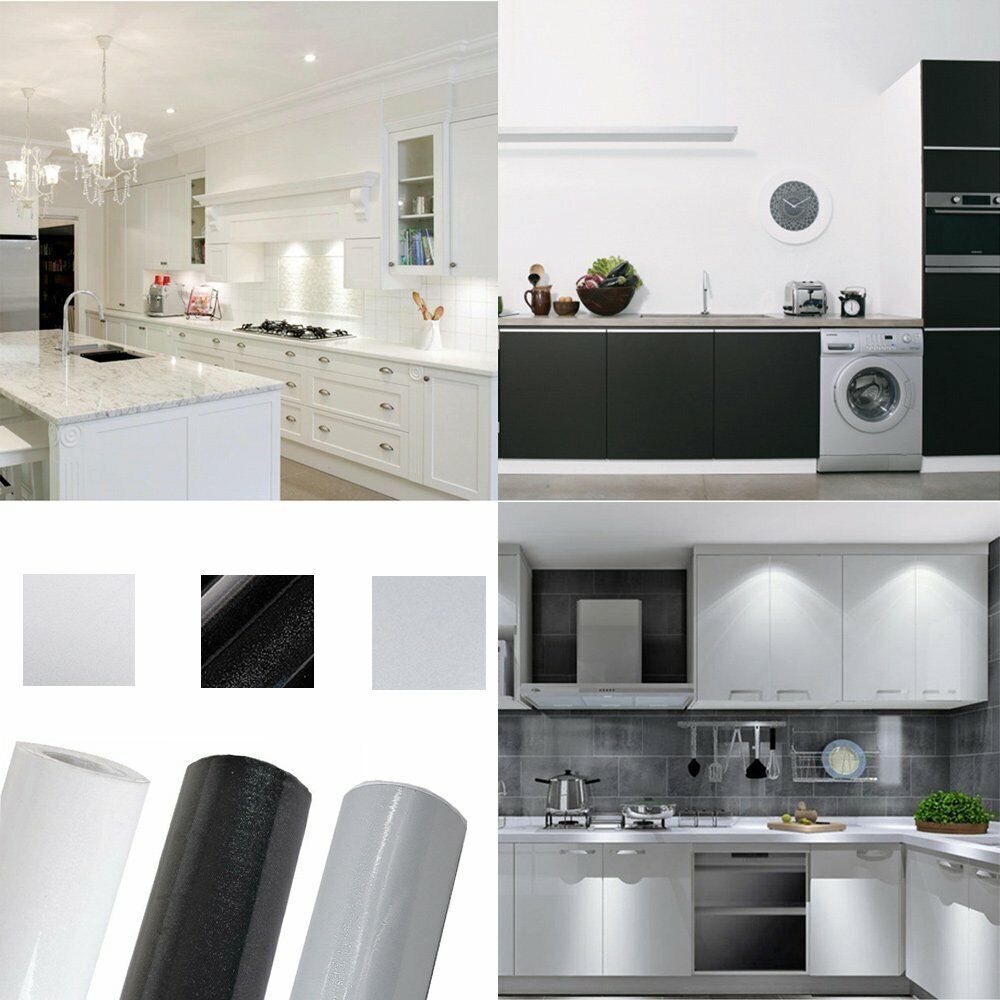 Gloss White Black Silver Kitchen Unit Vinyl Cover Up Fablon Self ...
