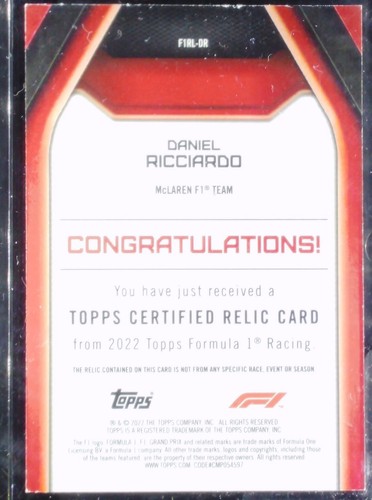 2022 Topps F1 Formula One Daniel Ricciardo Driver Worn Relic Blue Patch ...