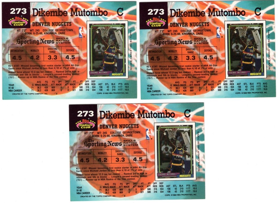 (3) 1992-93 TOPPS STADIUM CLUB DIKEMBE MUTOMBO CARD #273 LOT **NM-MT ...