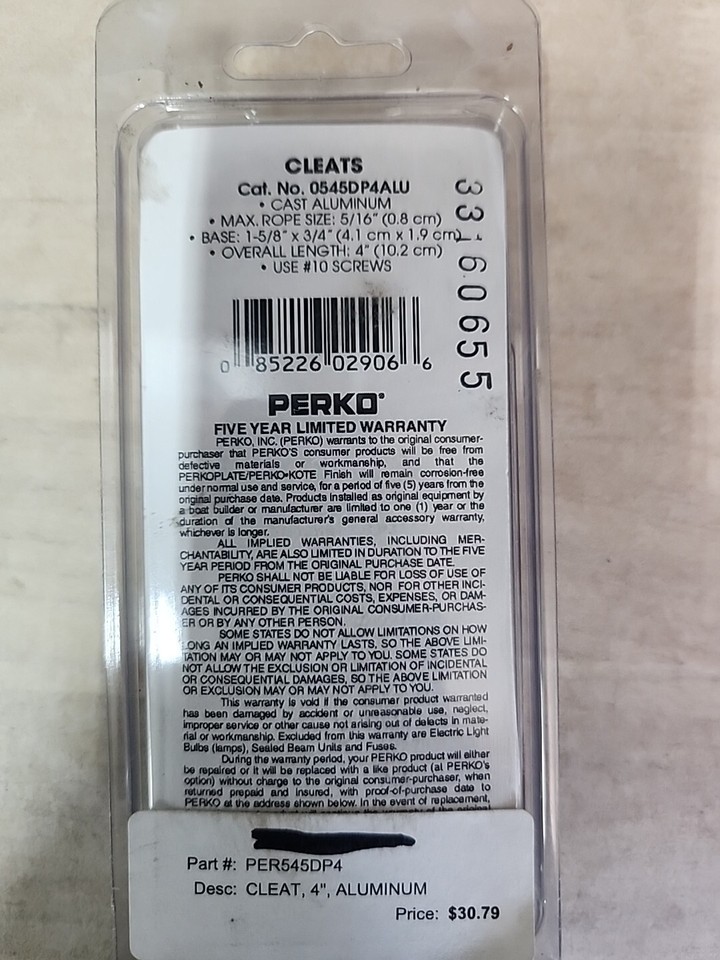 Perko Closed Base Aluminum Cleat 4" x 1-5/8" x 3/4" #10 Screw 2/Pk ...
