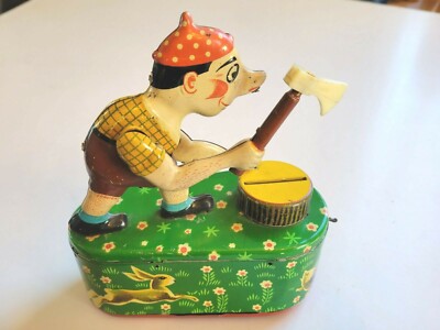 VINTAGE MECHANICAL TIN LUMBER JACK COIN BANK LEMEZARU GYAR HUNGARY No ...