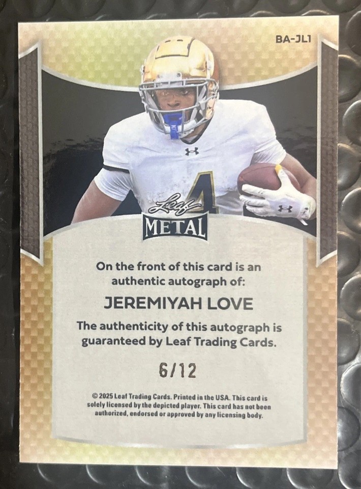 2025 Leaf Metal JEREMIYAH LOVE Notre Dame Fighting Blue Lava ROOKIE AUTO 6/12 | eBay