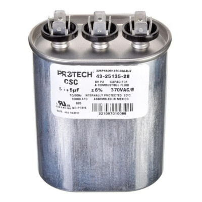 Protech Dual Oval Capacitor - 55/5 uF, 370 VAC, 1.890 x 2.900 x 4.920 ...