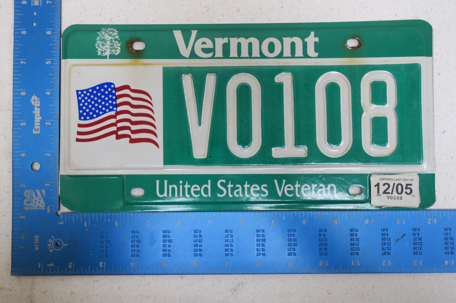 VERMONT VT LICENSE PLATE TAG VETERAN AMERICAN FLAG # V0108 #108 ISSUED ...