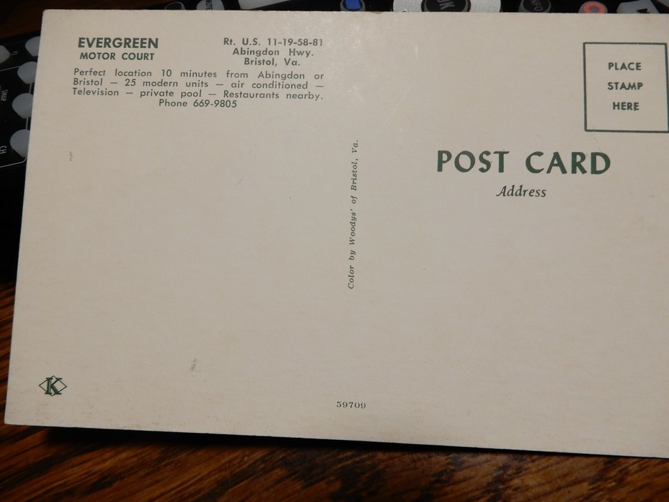 VINTAGE POST CARD EVERGREEN MOTOR COURT BRISTOL, VA | eBay