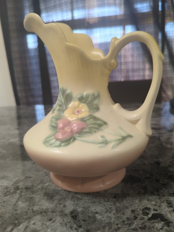 HULL- 9" WILDFLOWER PITCHER VASE W/ HANDLE- PINK FLORAL- VTG. 1940'S ...
