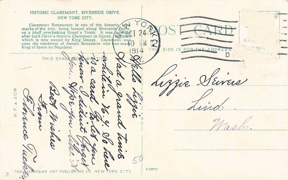 Historic Claremont Inn Riverside Drive West Harlem 1914 New York VTG ...