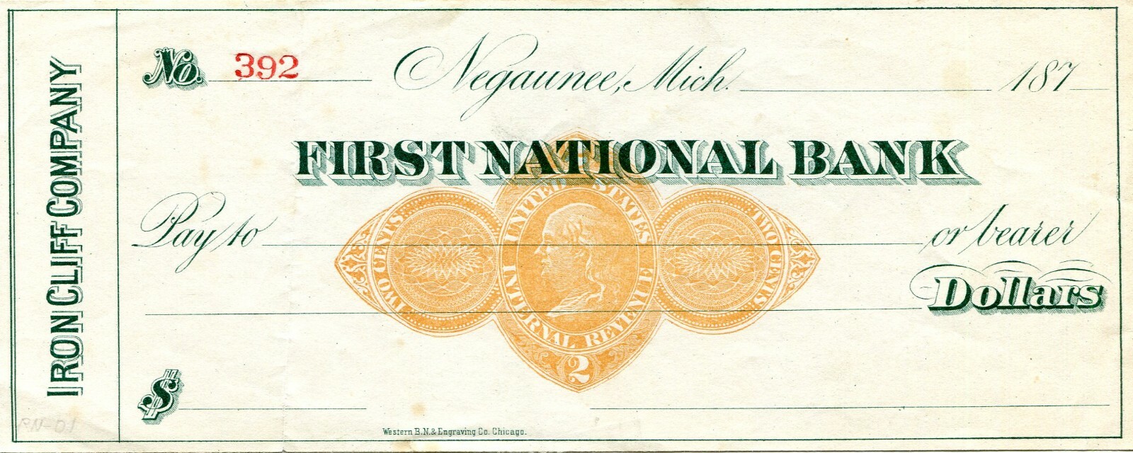 1870'S CHECK FIRST NATIONAL BANK NEGAUNEE MI IRON CLIFF CO REVENUE ...