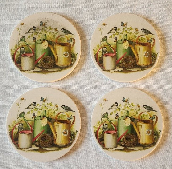 Set of 4 Counter Art Absorbent Stoneware Coasters Watering Cans Design ...
