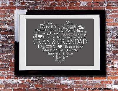 Personalised Grandparents Grandad Gran Word Art Picture Print Canvas ...