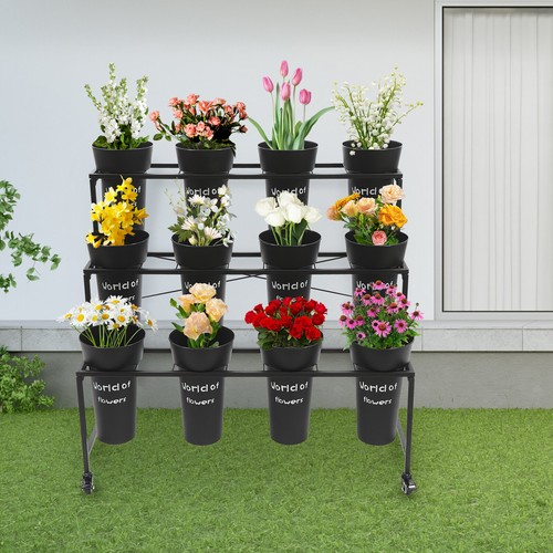 3 Layers Moving Plant Cart Shelf with Wheels Flower Display Stand + 12 ...