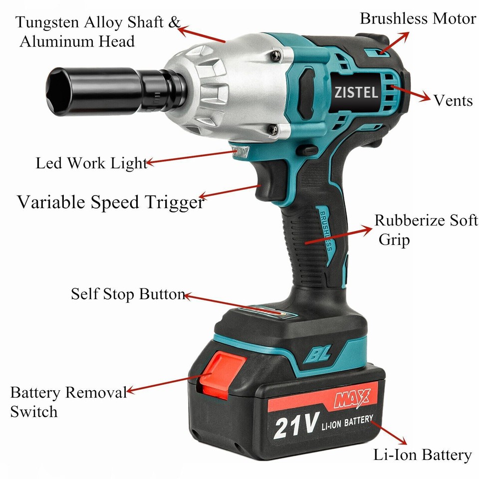 Max 800Nm Electric Impact Wrench 1/2" Brushless High Toque Power Wrench ...