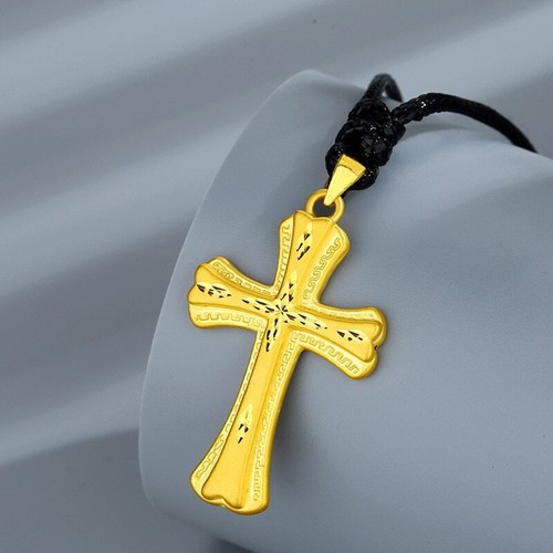 Religious Jewelry 24K Gold Plated Cross Pendant Leather Rope Necklace ...
