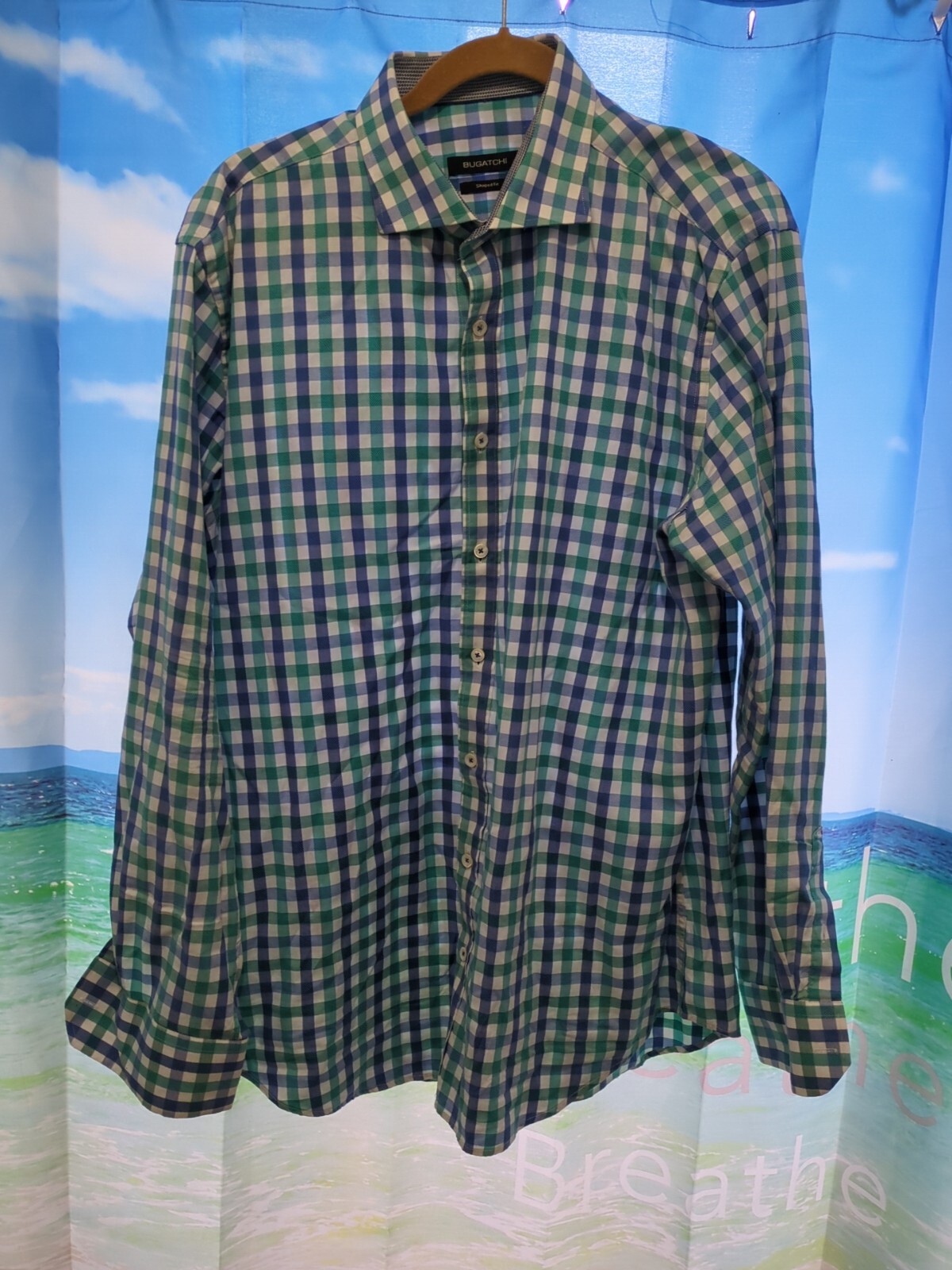 Bugatchi Shaped Fit Dress Shirt Men Size XL White Blue Green Checks A75 ...
