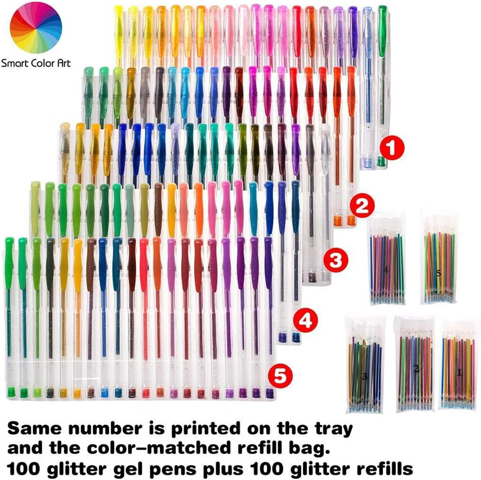 200 Pack Glitter Gel Pens Set Smart Color Art 100 Colors Gel Pens with ...