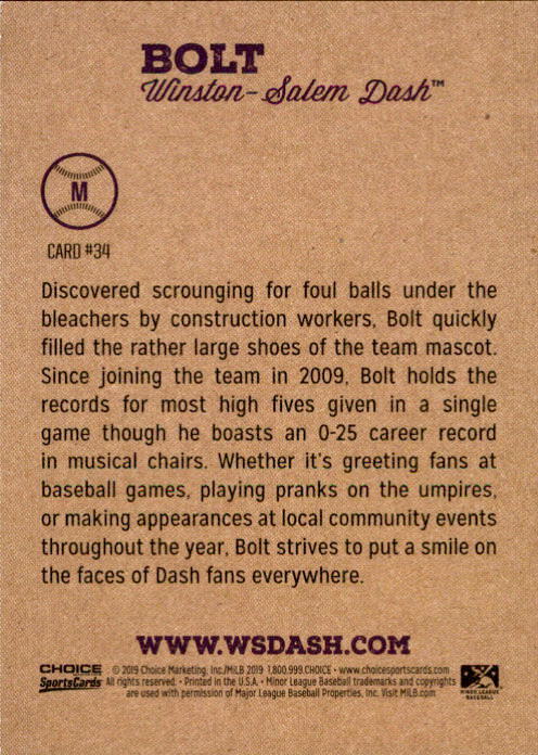 2019 Winston-Salem Dash Choice #34 Bolt MASCOT - NM Baseball Card | eBay