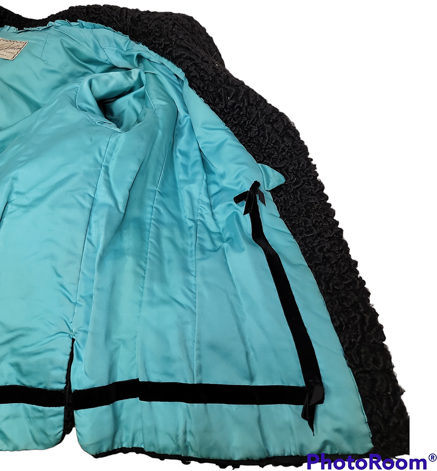 Black Vintage Beautiful Persian Karakul Lamb Fur Coat Turquoise Lining ...