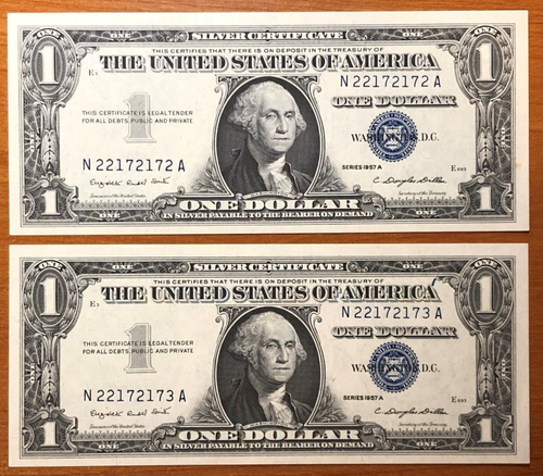 1957A $1 Silver Certificate (Blue Seal) Block N-A , Gem Uncirculated (2 ...