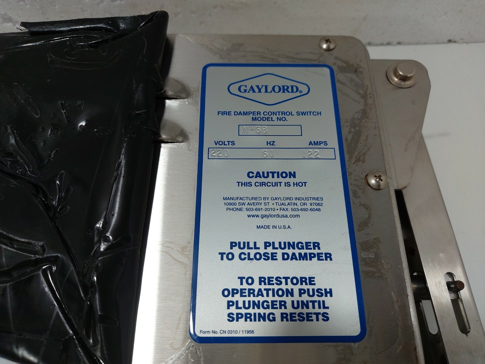 GAYLORD N-68 FIRE DAMPER CONTROL SWITCH 220V 60Hz .22 AMPS | eBay
