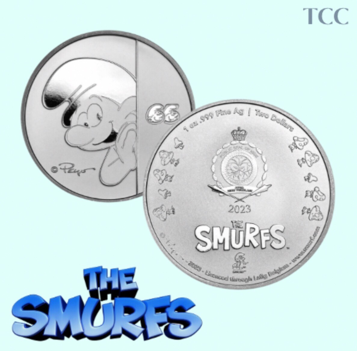 2023 $2 Niue Smurfs 1 oz .999 Fine Silver $2 Coin 65th Anniversary Only ...