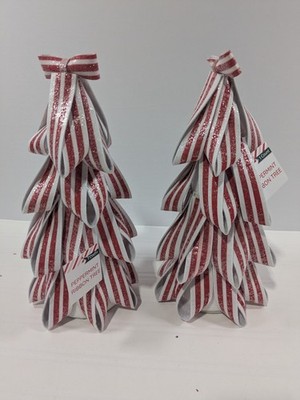 Peppermint Ribbon Tree Red White Glitter Christmas Decor Tabletop Lot ...