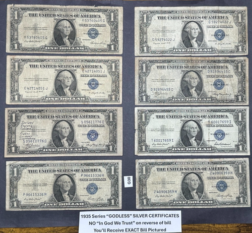 Lot of 8 GODLESS 1935 Blue Seal $1 One Dollar Bill Silver Certificate # ...